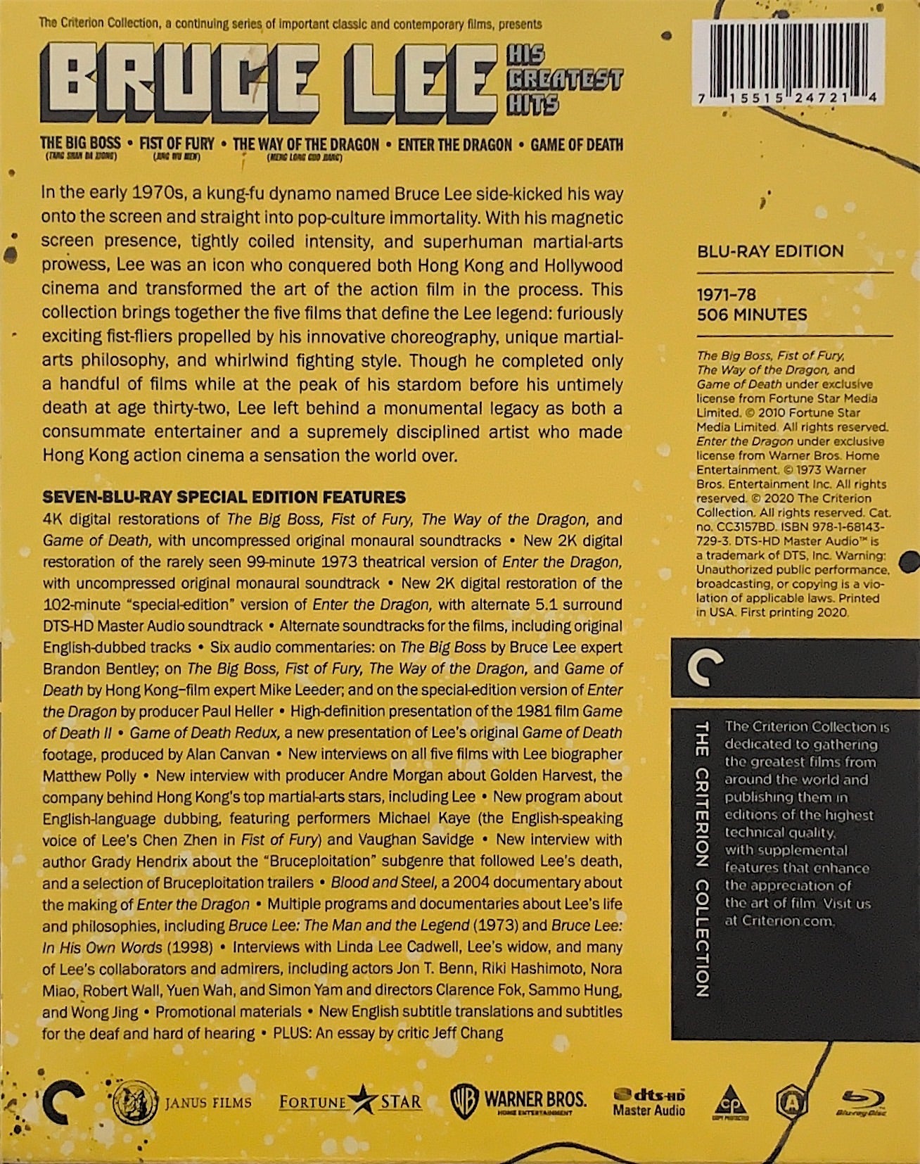 Bruce Lee: His Greatest Hits 7 Disc The Criterion Collection Blu-ray B ...